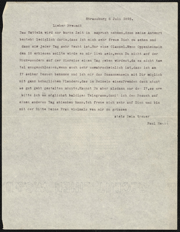 Hensel, Paul, 1860-1930 typed letter to Hugo Münsterberg, Strassburg, 6 ...