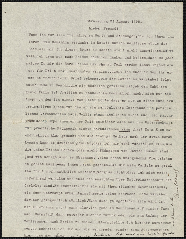 Hensel, Paul, 1860-1930 typed letter signed to Hugo Münsterberg ...