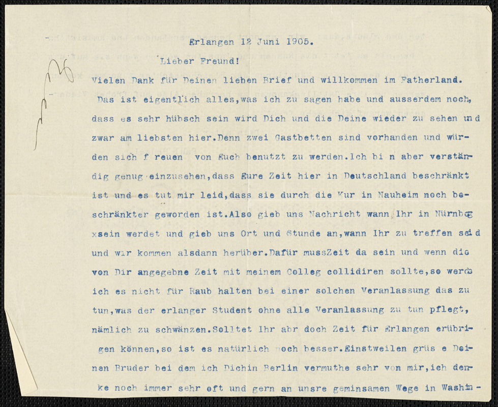 Hensel, Paul, 1860-1930 typed letter to Hugo Münsterberg, Erlangen, 12 ...