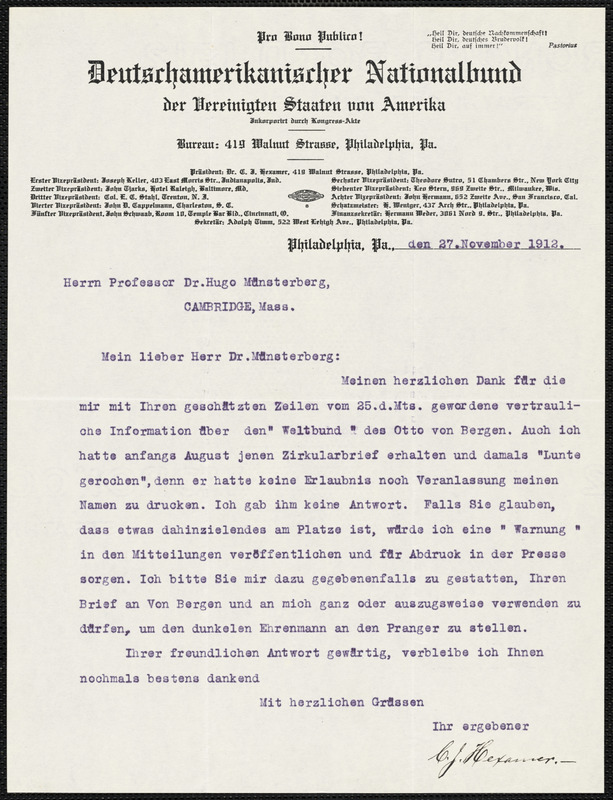 Hexamer, Charles John, 1862- typed letter signed to Hugo Münsterberg ...