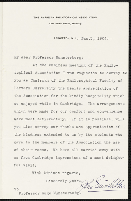 Hibben, John Grier, 1861-1933 typed letter signed to Hugo Münsterberg ...