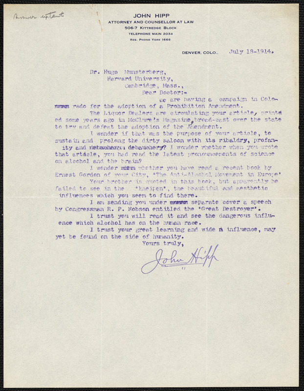Hipp, John, fl. 1914 typed letter signed to Hugo Münsterberg, Denver ...