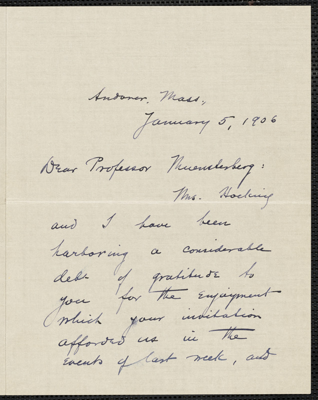 Hocking, William Ernest, 1873-1966 autograph letter signed to Hugo Münsterberg, Andover, Mass ...