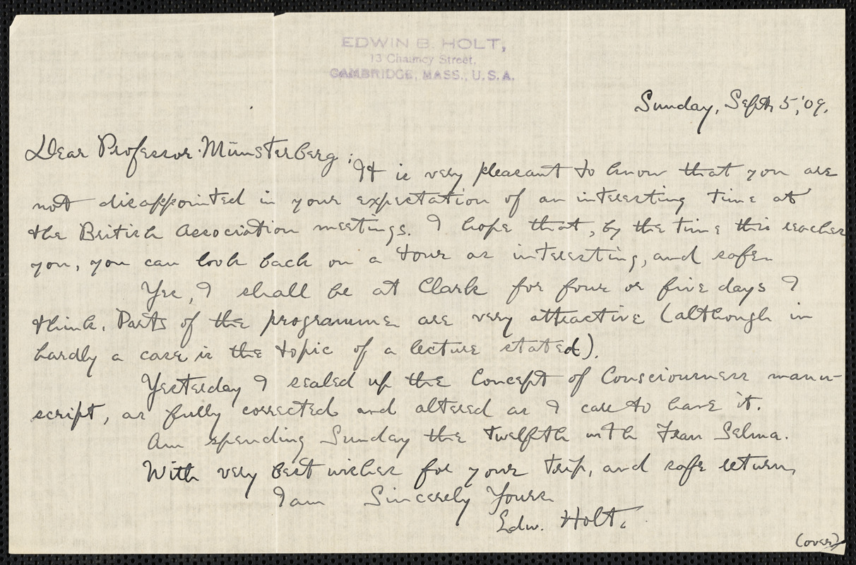 Holt, Edwin B. (Edwin Bissell), 1873-1946 autograph letter signed to ...