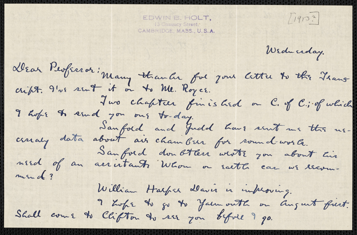 Holt, Edwin B. (Edwin Bissell), 1873-1946 autograph letter signed to ...