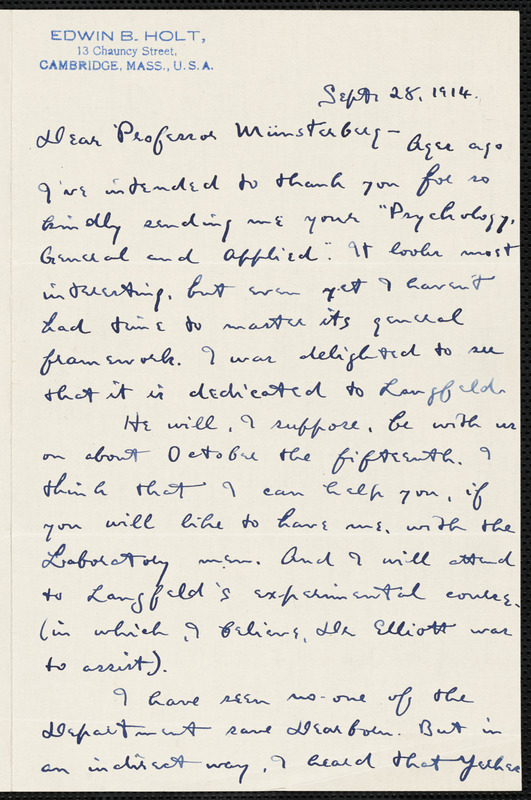 Holt, Edwin B. (Edwin Bissell), 1873-1946 autograph letter signed to ...