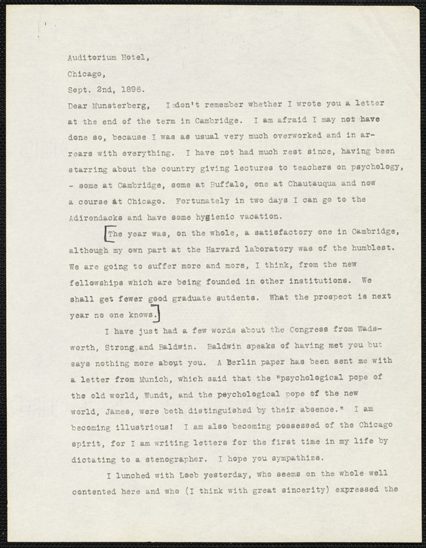 James, William, 1842-1910 typed letter signed to Hugo Münsterberg ...