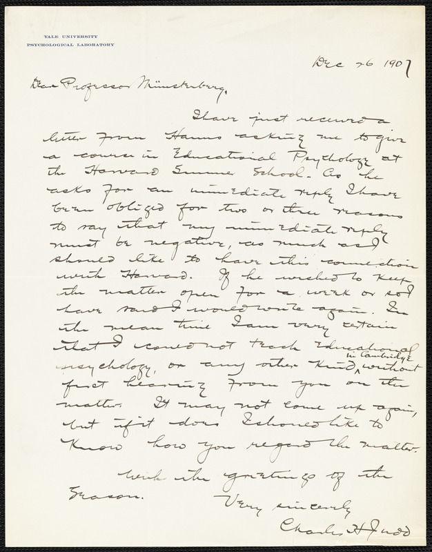 Judd, Charles Hubbard, 1873-1946 autograph letter signed to Hugo ...