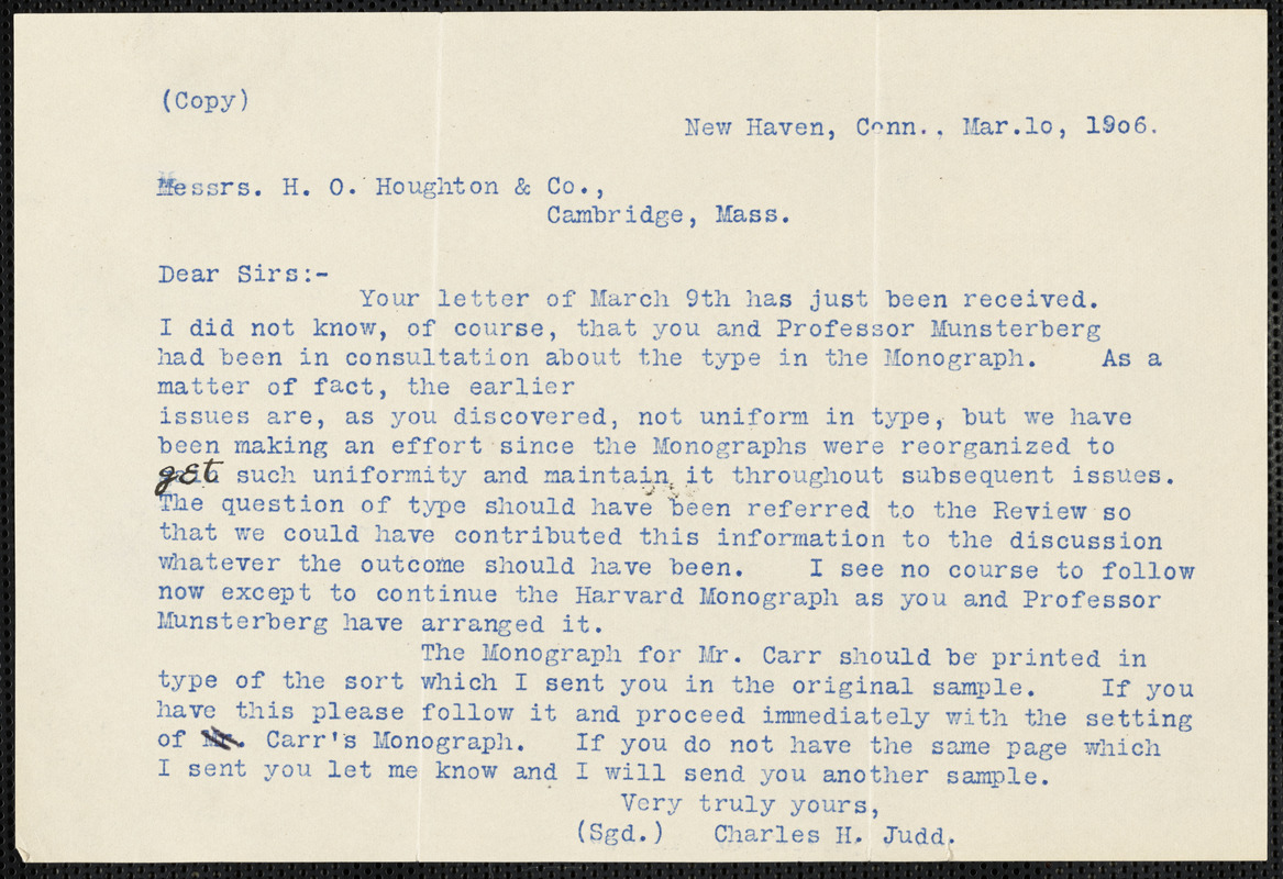 Judd, Charles Hubbard, 1873-1946 typed letter to Messrs. H.O. Houghton ...