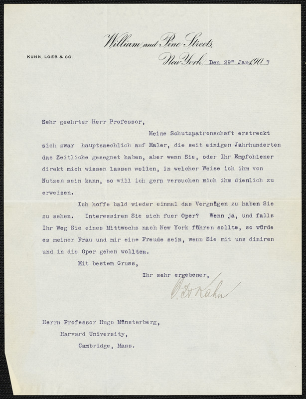 Kahn, Otto Hermann, 1867-1934 typed letter signed to Hugo Münsterberg ...