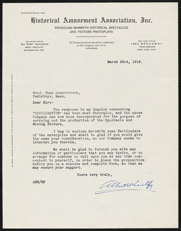 Kiralfy, Albert E., fl.1916 typed letter signed to Hugo Münsterberg ...