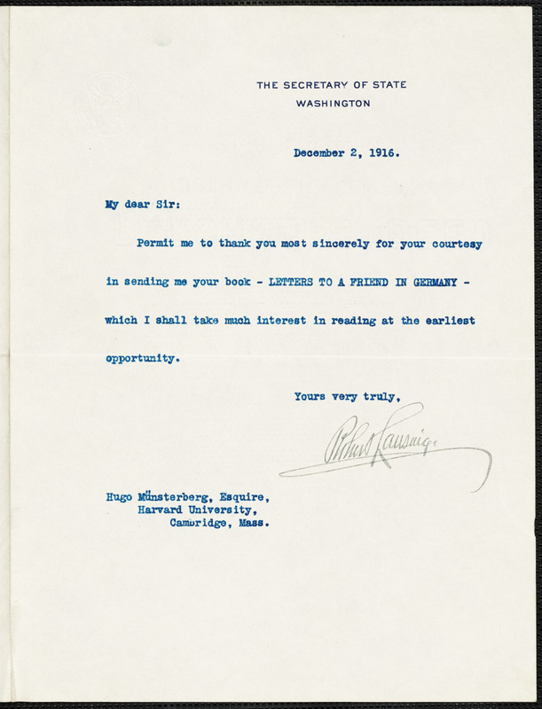 Lansing, Robert, 1864-1928 typed note signed to Hugo Münsterberg ...