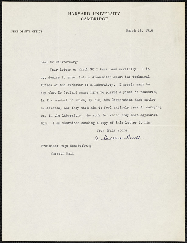 Lowell, A. Lawrence (Abbott Lawrence), 1856-1943 typed letter signed to ...
