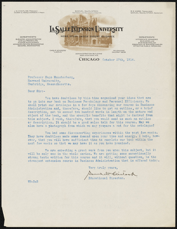 McClintock, Samuel, fl. 1914 typed letter signed to Hugo Münsterberg ...