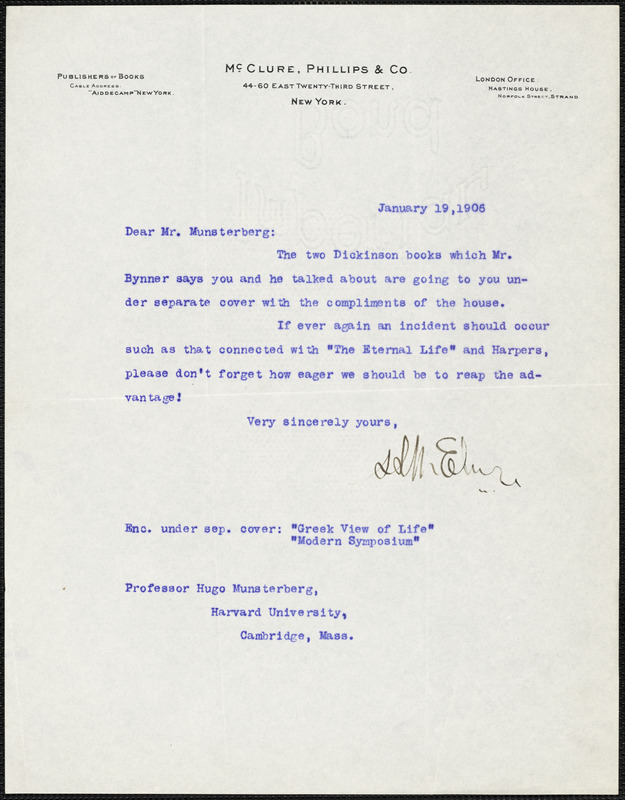 McClure, S. S. (Samuel Sidney), 1857-1949 typed letter signed to Hugo ...