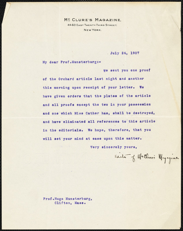 McClure, S. S. (Samuel Sidney), 1857-1949 typed note signed to Hugo ...
