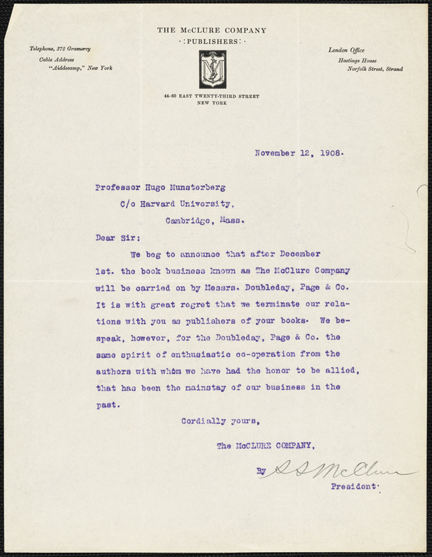 McClure, S. S. (Samuel Sidney), 1857-1949 typed note signed to Hugo ...
