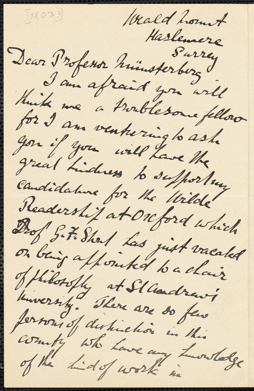 McDougall, William, 1871-1938 autograph letter signed to Hugo ...