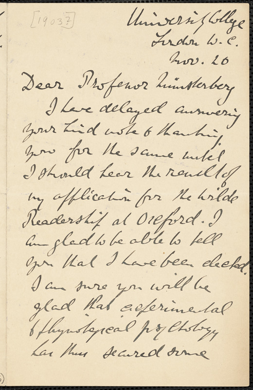 McDougall, William, 1871-1938 autograph letter signed to Hugo ...
