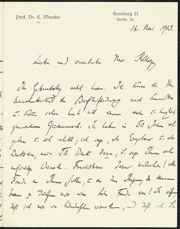 Marcks, Erich, 1861-1938 autograph letter signed to Hugo Münsterberg ...