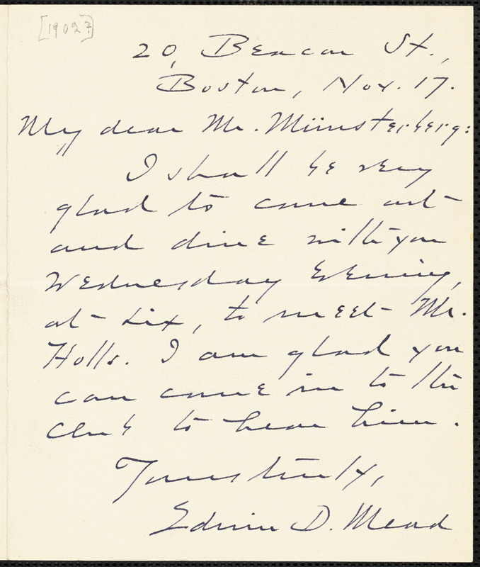 Mead, Edwin D. (Edwin Doak), 1849-1937 autograph letter signed to Hugo ...