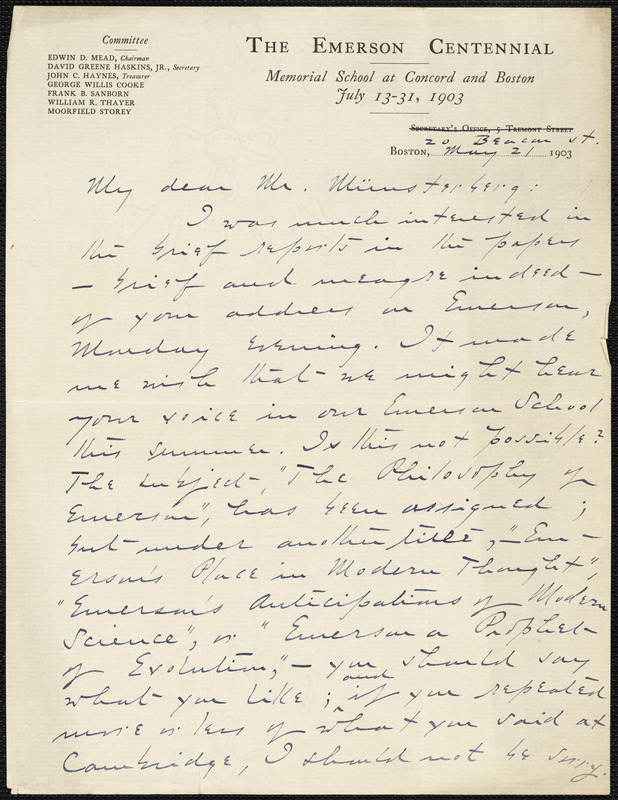 Mead, Edwin D. (Edwin Doak), 1849-1937 autograph letter signed to Hugo ...