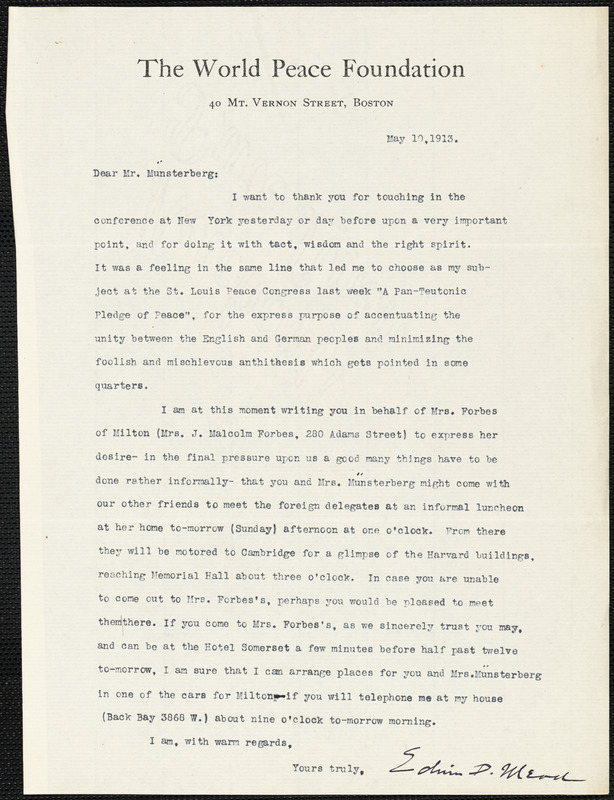 Mead, Edwin D. (Edwin Doak), 1849-1937 typed letter signed to Hugo ...