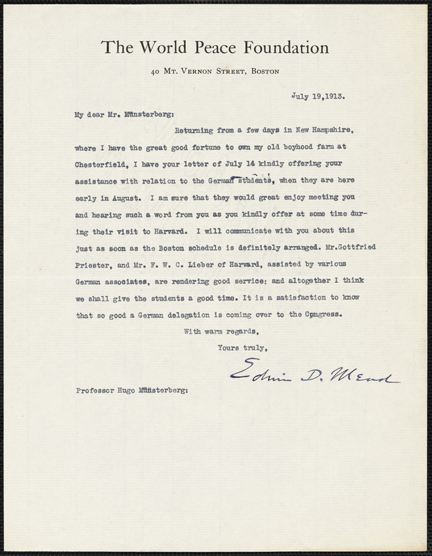 Mead, Edwin D. (Edwin Doak), 1849-1937 typed letter signed to Hugo ...