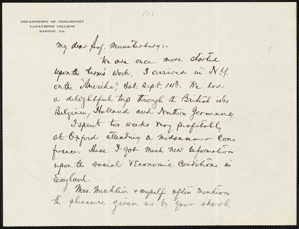 Mecklin, John Moffatt, 1871-1956 autograph letter signed to Hugo ...