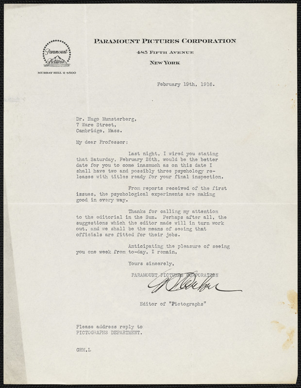 Meeker, George R. typed letter signed to Hugo Münsterberg, New York, 19 ...