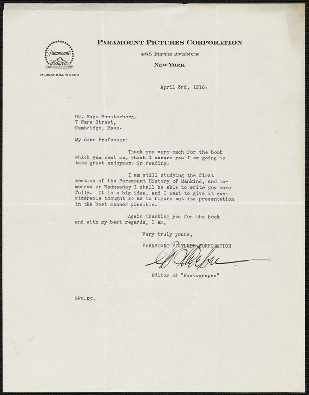 Meeker, George R. typed letter signed to Hugo Münsterberg, New York, 3 ...