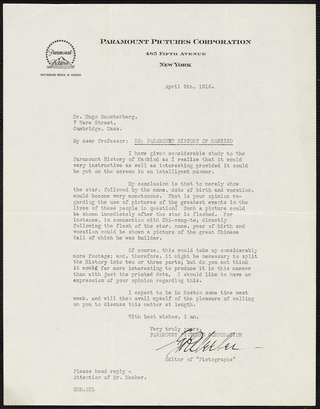 Meeker, George R. typed letter signed to Hugo Münsterberg, New York, 5 ...