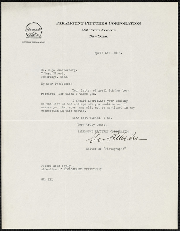 Meeker, George R. typed note signed to Hugo Münsterberg, New York, 5 ...