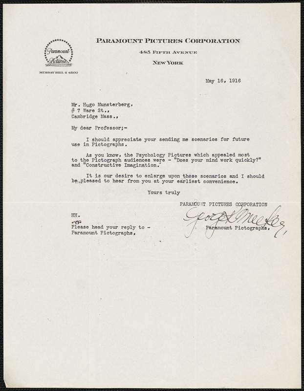 Meeker, George R. typed note signed to Hugo Münsterberg, New York, 16 ...