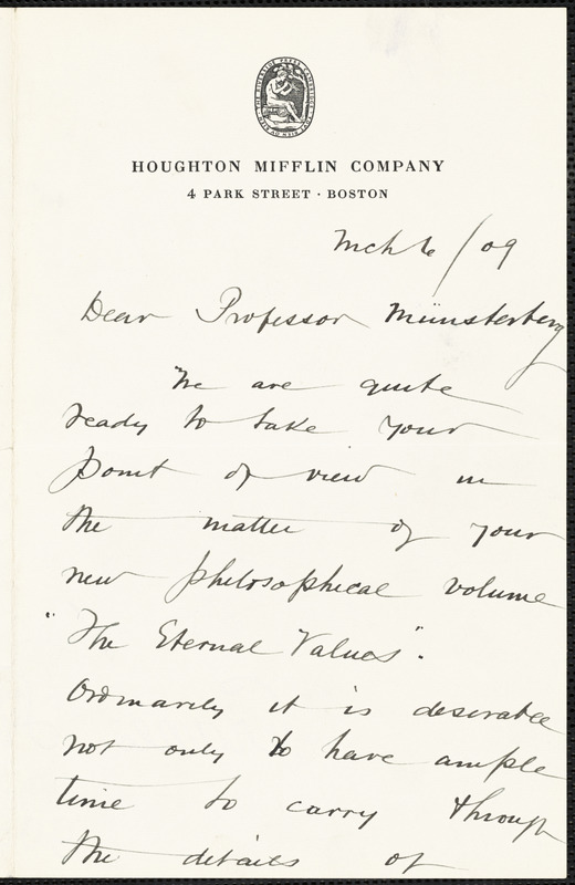 Mifflin, George H. (George Harrison), 1845-1921 autograph letter signed ...