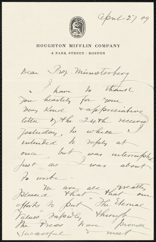 Mifflin, George H. (George Harrison), 1845-1921 autograph letter signed ...