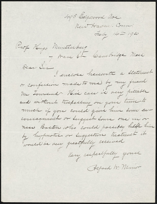 Minor, Alfred W., fl. 1910. autograph letter signed to Hugo Münsterberg ...
