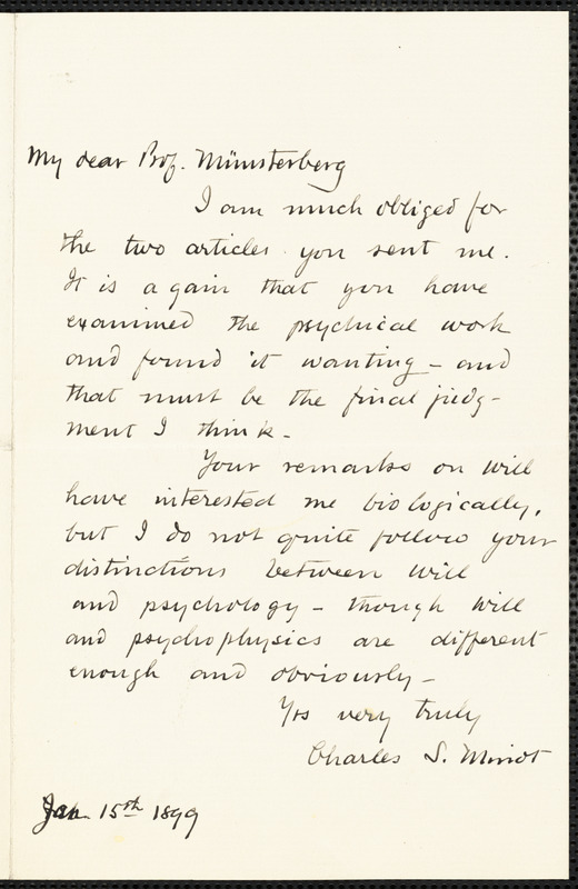 Minot, Charles Sedgwick, 1852-1914 autograph letter signed to Hugo ...