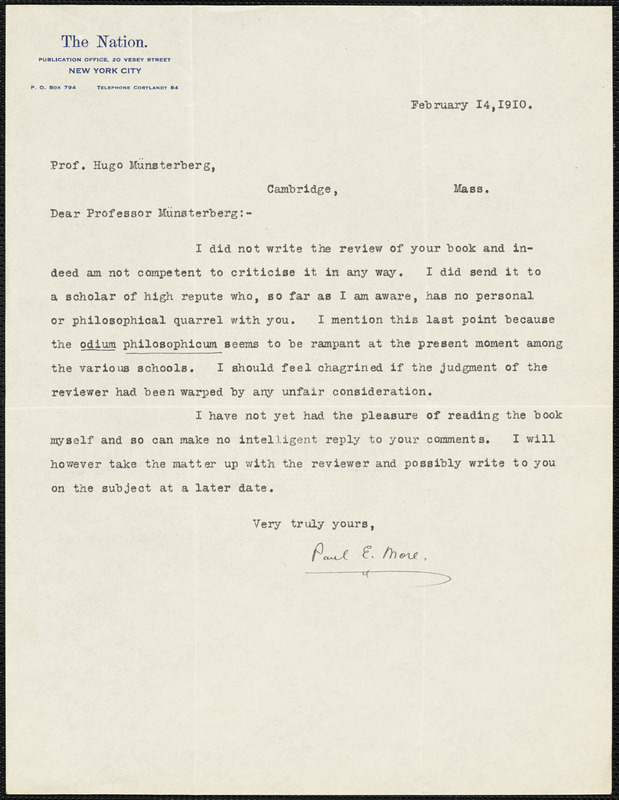 More, Paul Elmer, 1864-1937 typed letter signed to Hugo Münsterberg ...