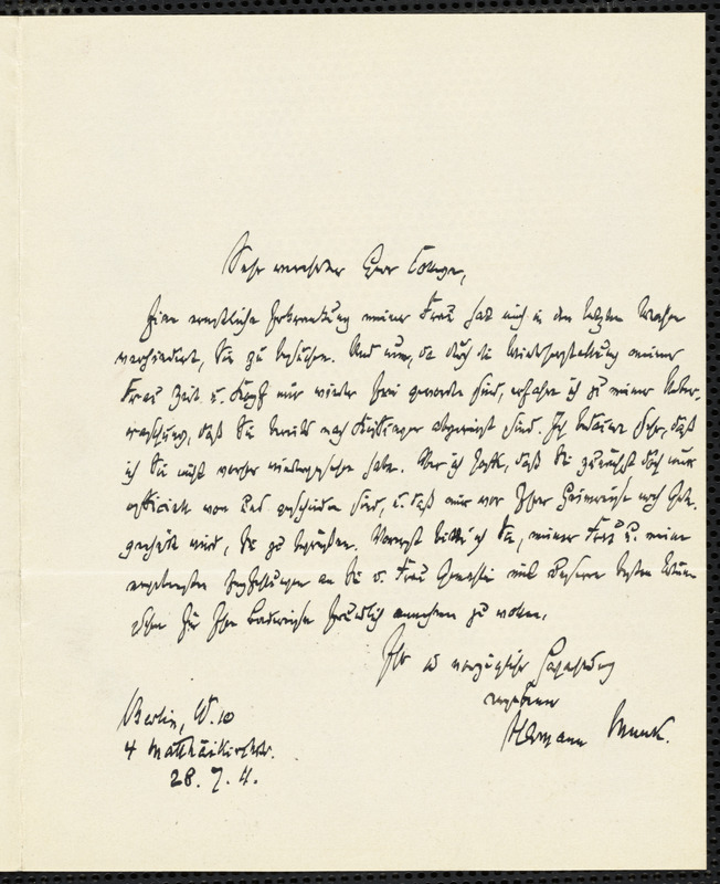 Munk, Hermann, 1839-1912 autograph note signed to Hugo Münsterberg ...