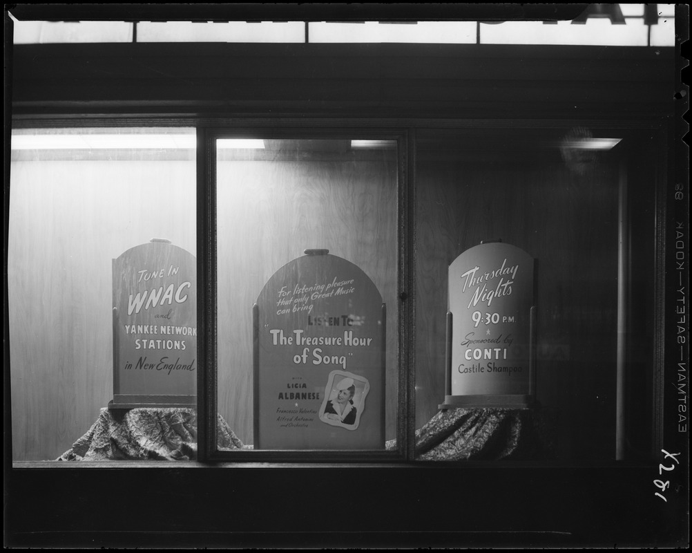 Window display for The Treasure Hour of Song on WNAC sponsored by Conti ...