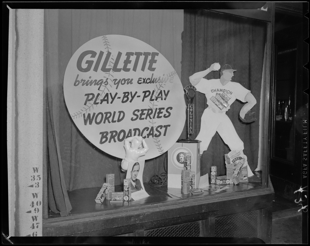 Window display for World Series broadcast on WAAB sponsored by Gillette ...