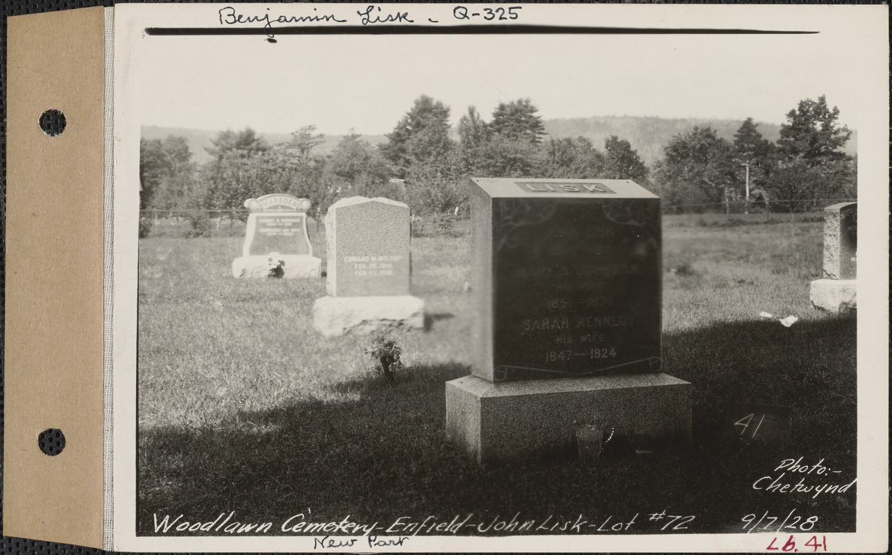 John Lisk, Woodlawn Cemetery, new section, lot 72, Enfield, Mass., Sept ...