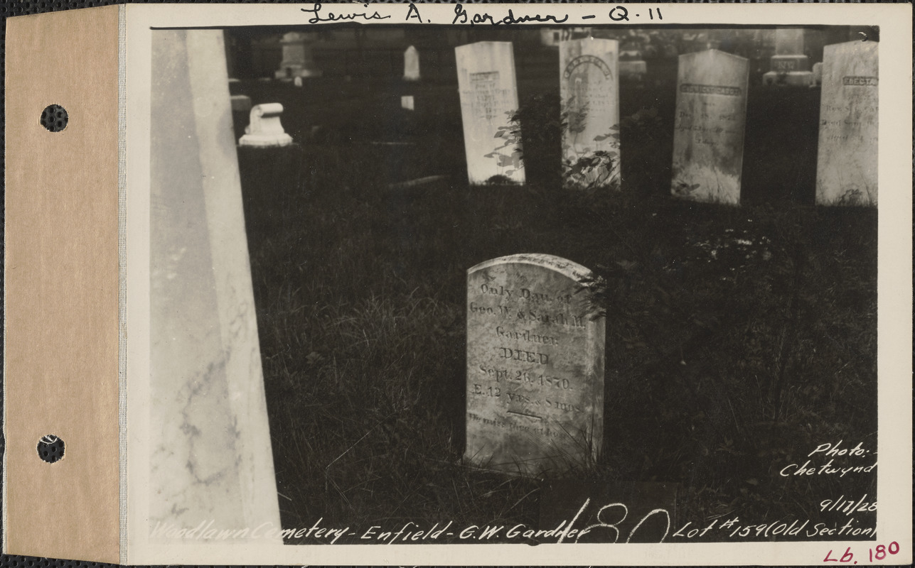 G. W. Gardner, Woodlawn Cemetery, old section, lot 159, Enfield, Mass ...