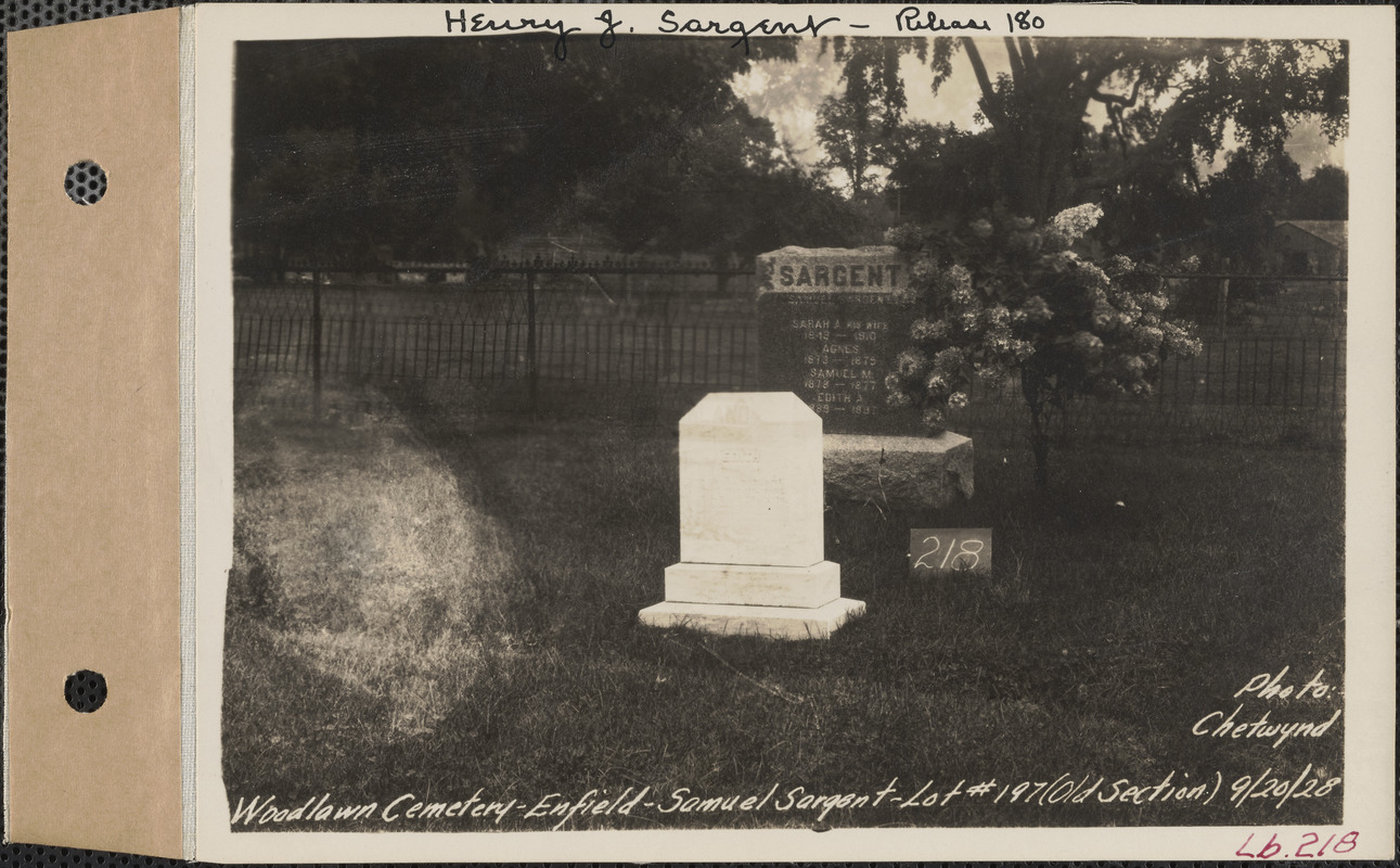 Samuel Sargent, Woodlawn Cemetery, old section, lot 197, Enfield, Mass ...