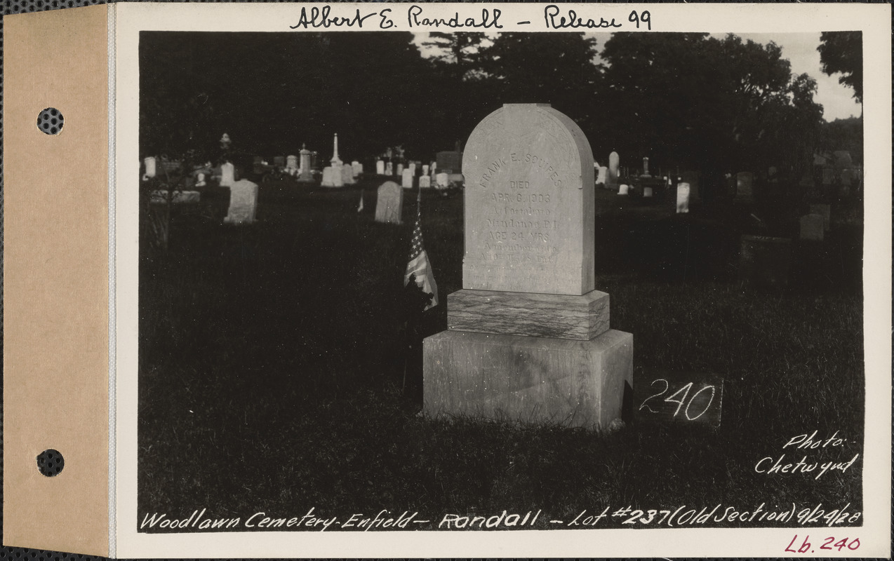 Randall, Woodlawn Cemetery, old section, lot 237, Enfield, Mass., Sept ...