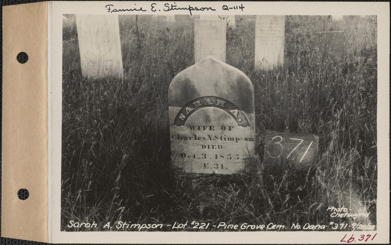 Sarah A. Stimpson, Pine Grove Cemetery, lot 221, North Dana, Mass ...