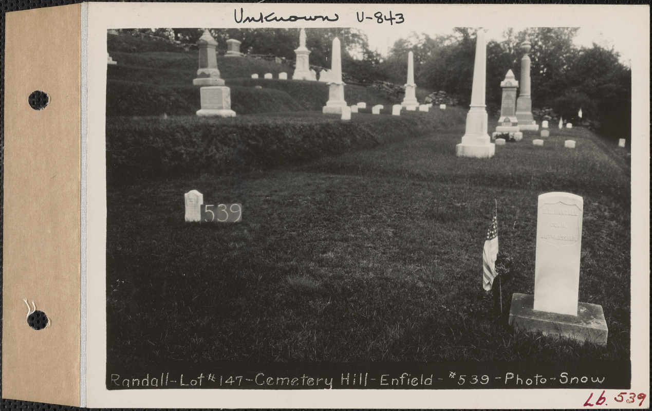Randall, Cemetery Hill Cemetery, lot 147, Enfield, Mass., ca. 1930-1931 ...