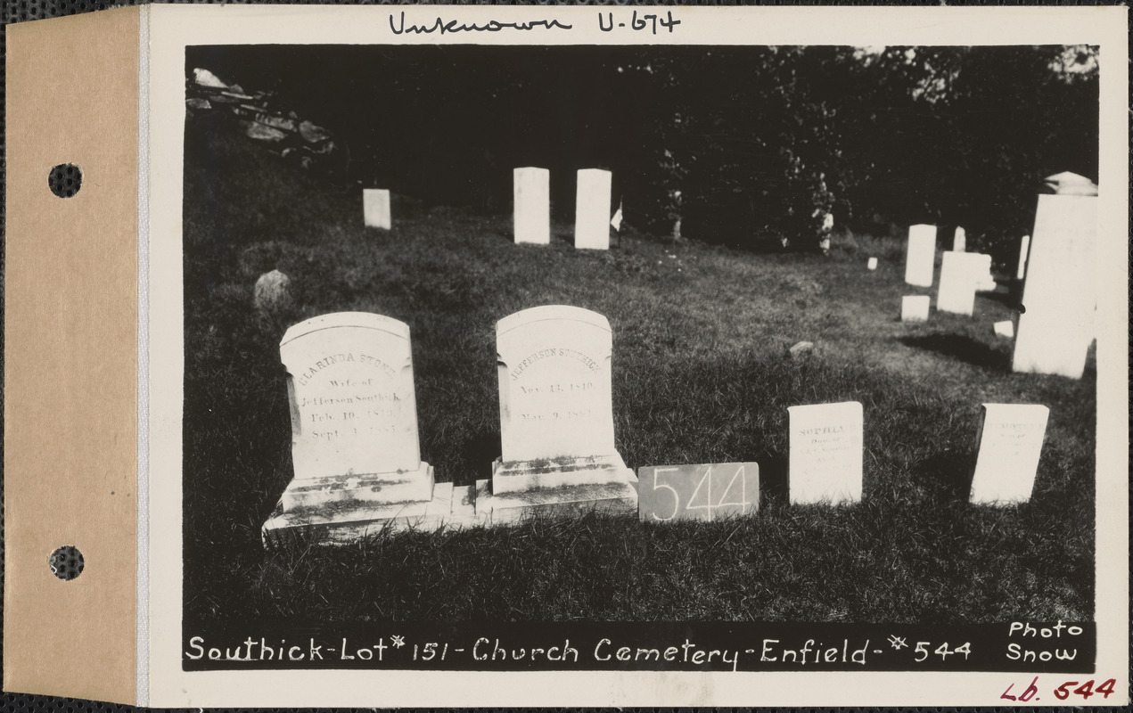 Jefferson Southick, Church Cemetery, lot 151, Enfield, Mass., ca. 1930 ...