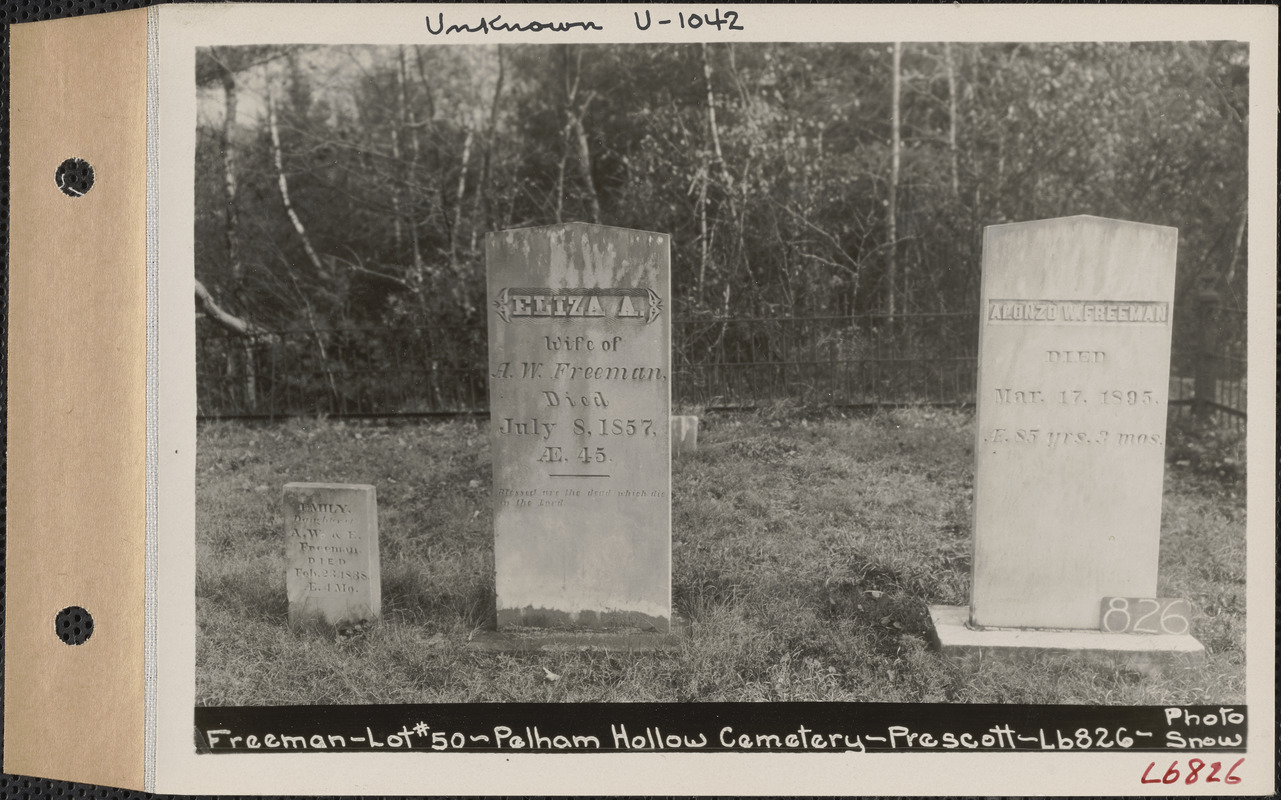 Alonzo W. Freeman, Pelham Hollow Cemetery, lot 50, Prescott, Mass., ca ...